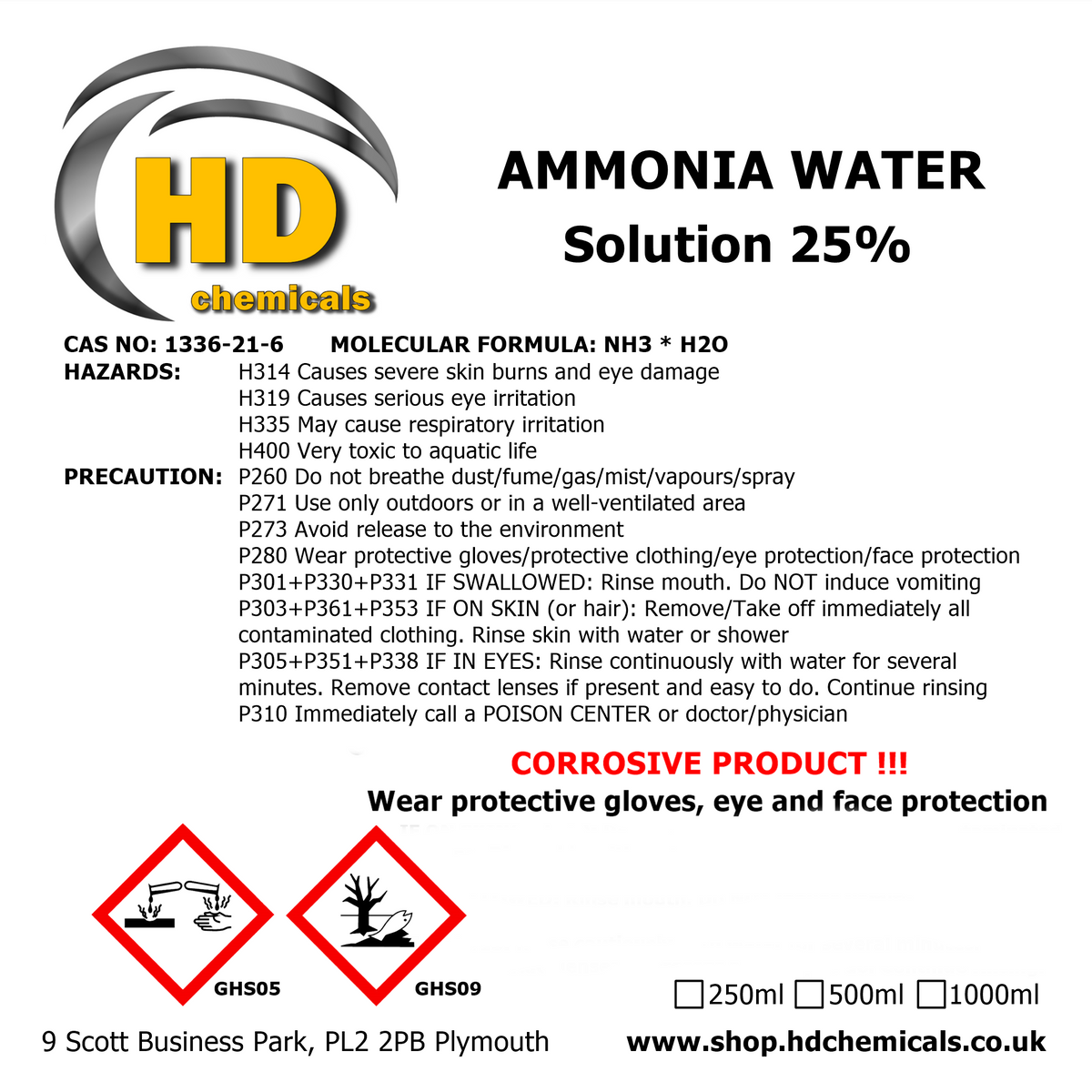 Ammonia Solution 25% – buy in UK online shop –HD Chemicals LTD