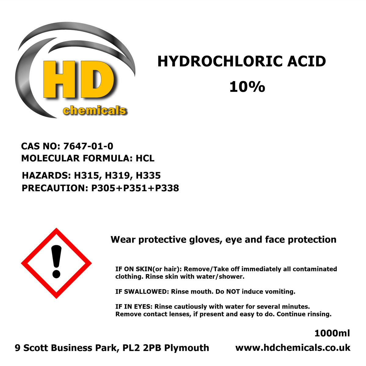 Hydrochloric Acid 10% – buy in UK online shop –HD Chemicals LTD